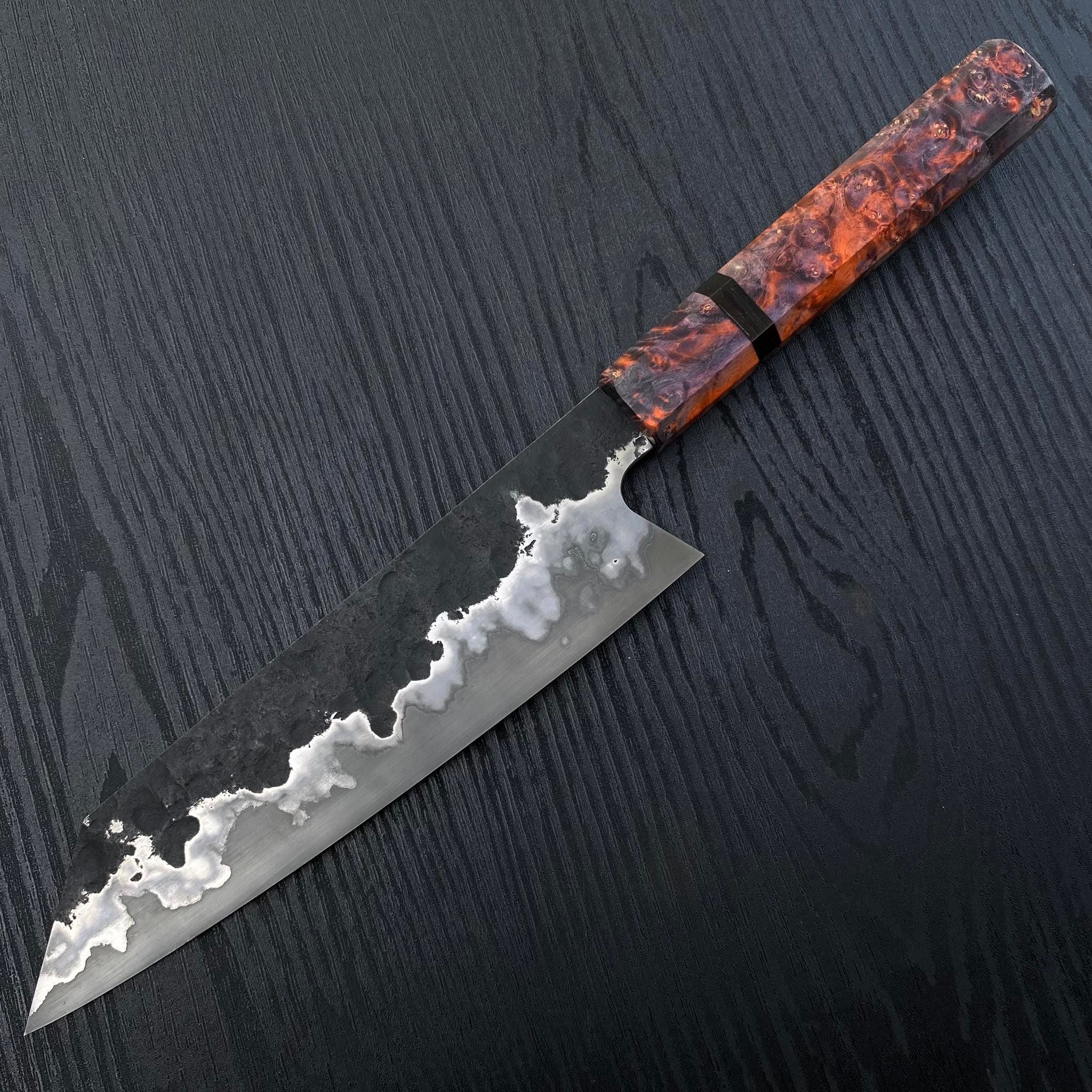 Wanchana San Mai Bunka Chef Knife with stabilized dye maple wood burl ...